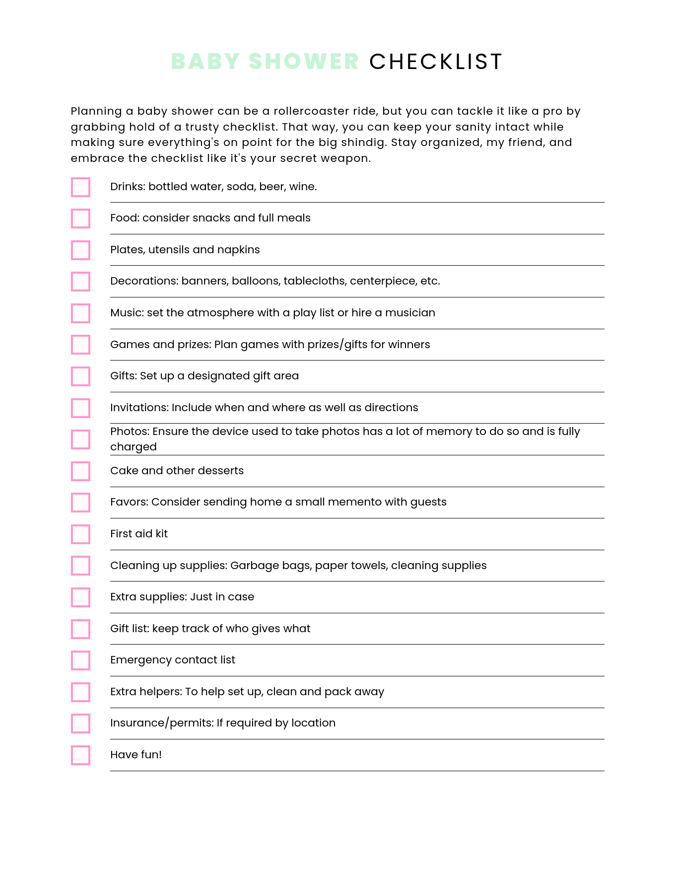 The Baby Shower Ultimate Party Checklist